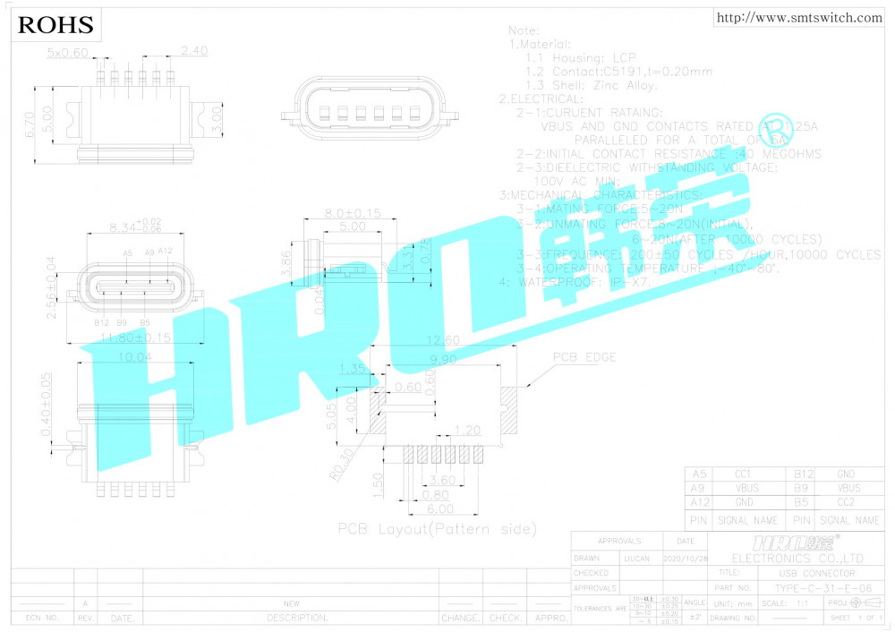 TYPE-C-31-E-06 USB connector technical drawing