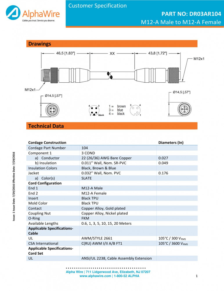 Alpha Wire DR03AR104 SL401 technical drawing