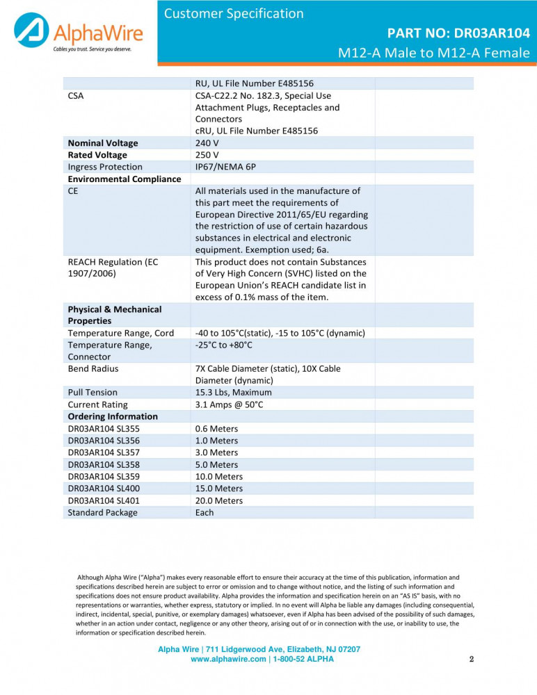 Alpha Wire DR03AR104 SL401 technical data