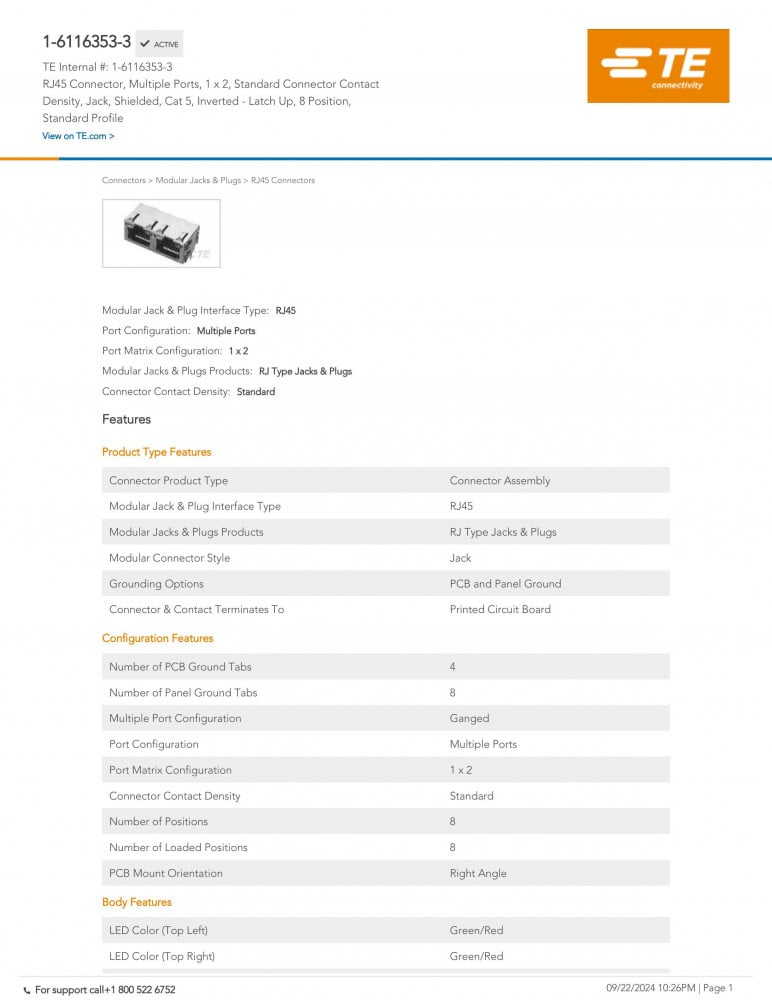TE Connectivity 1-6116353-3 technical document page 1