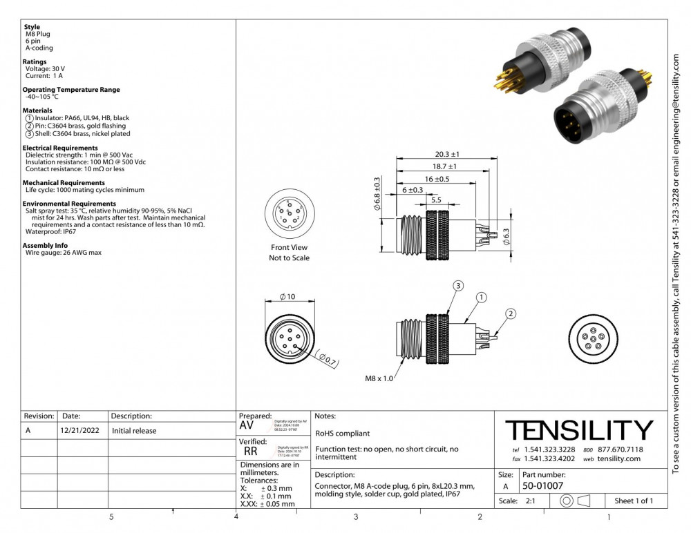 Tensility International 50-01007 M8 A-coded 6-pin connector technical drawing