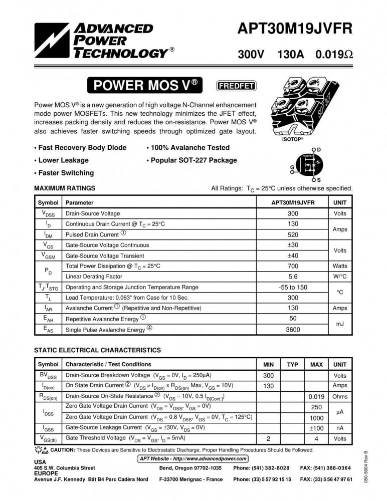 APT30M36B2FLLG datasheet page 1