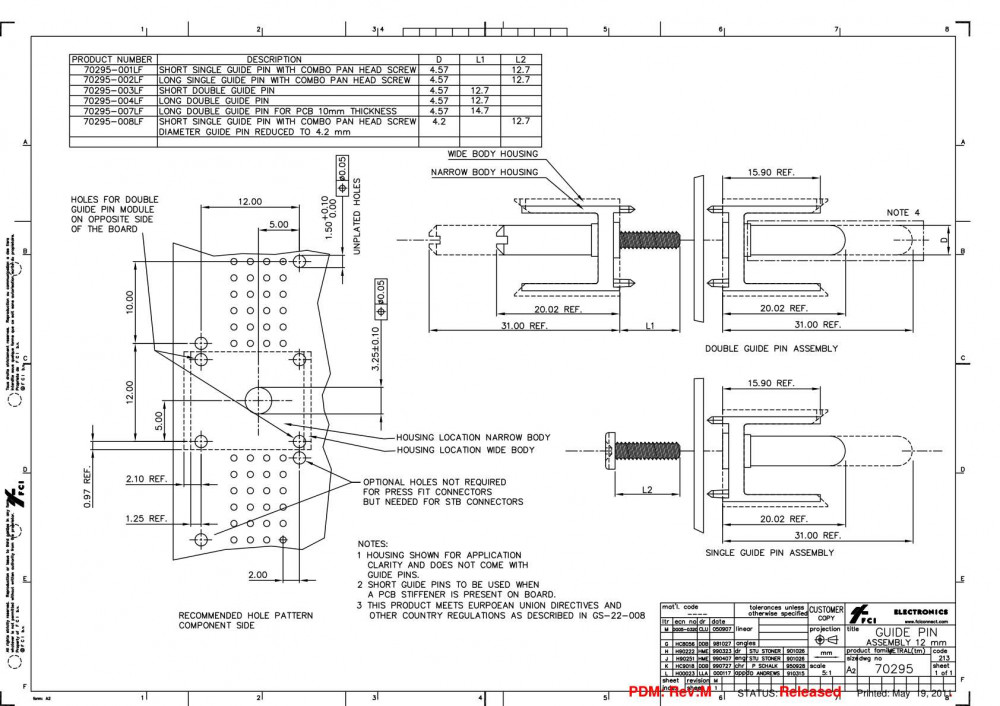 Amphenol METRAL guide pin assembly drawing for 70295-001LF