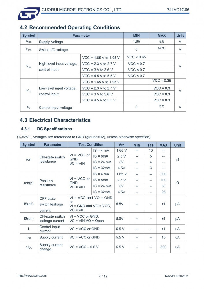 74LVC1G66 technical document page 4