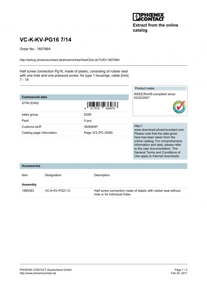 Phoenix Contact 1607664 catalog documentation page 1