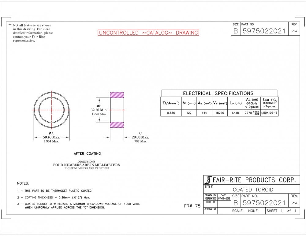 Fair-Rite 5975022021 coated toroid drawing