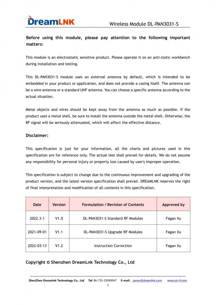 DL-PAN3031-S-915S datasheet page 2