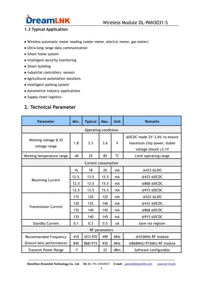 DL-PAN3031-S-915S datasheet page 4