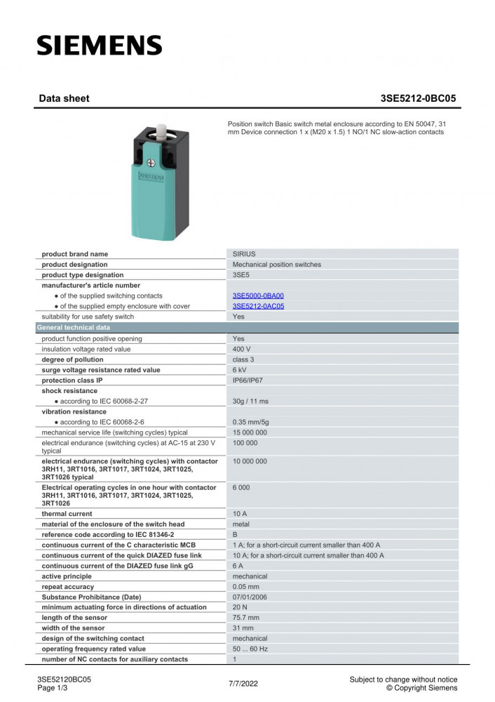 SIEMENS 3SE52120BC05 technical document page 1