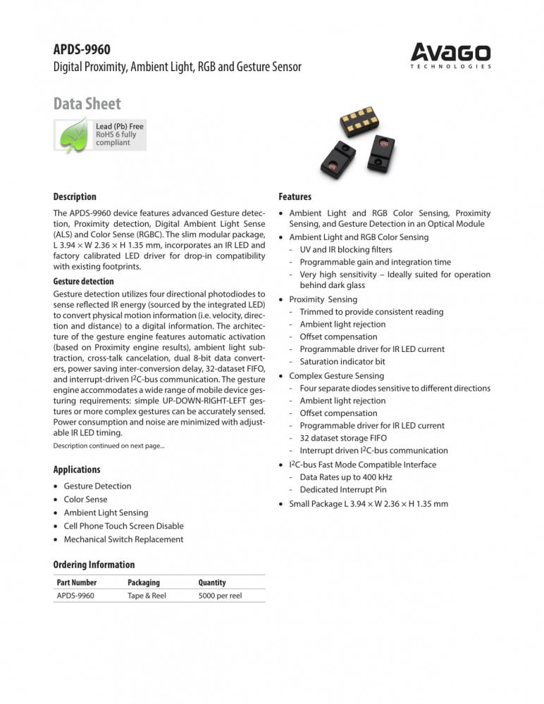APDS-9960 datasheet page 1