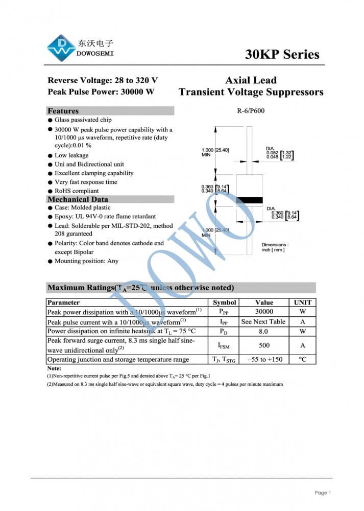 30KP series TVS datasheet page 1