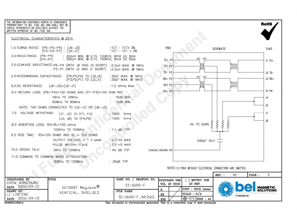 Bel Fuse SI-16001-F technical drawing page 1