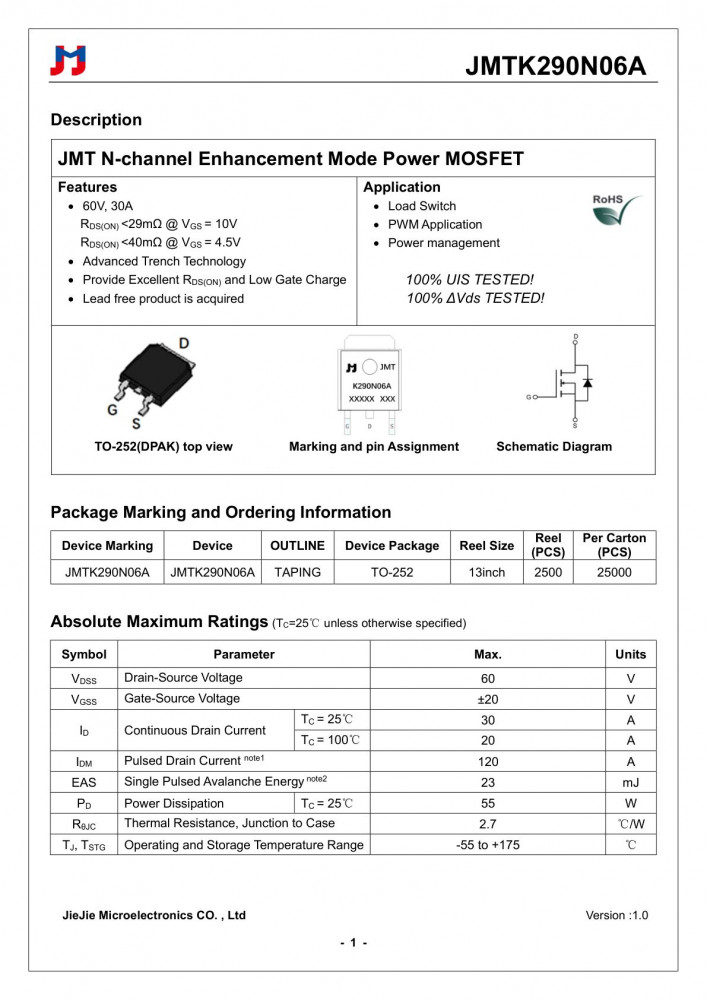 JMTK290N06A datasheet page 1