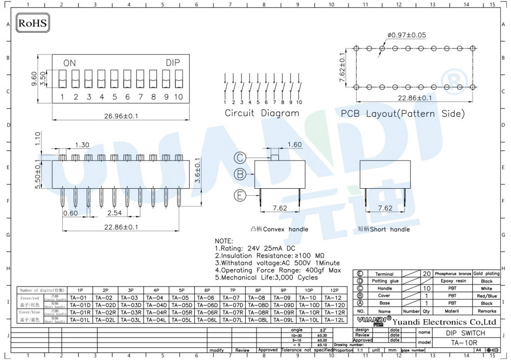 Yuandi TA-10R DIP switch technical drawing