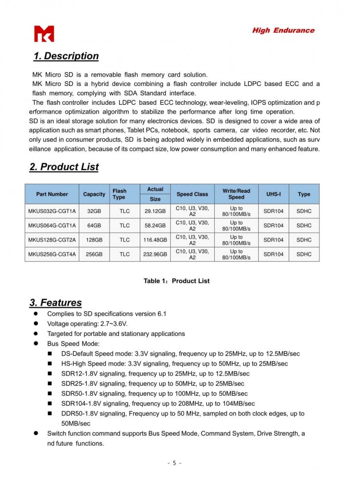 MK MicroSD datasheet page 5