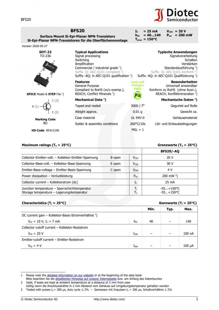DIOTEC BFS20 datasheet page 1