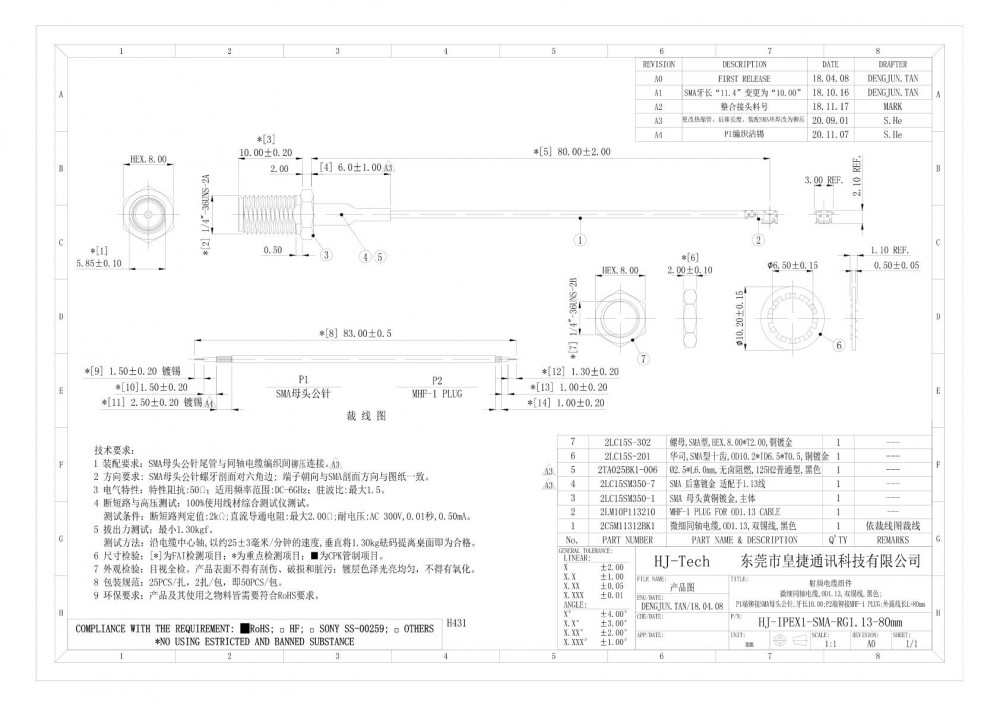 HJ Tech HJ-IPEX1-SMA-RG1.13-80mm product drawing