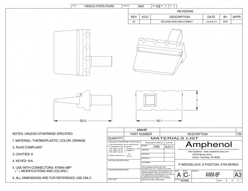 Amphenol AWM-8P technical drawing preview