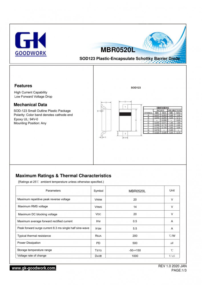 MBR0520L datasheet page 1