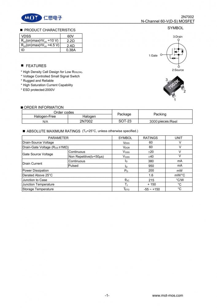 2N7002 datasheet page 1