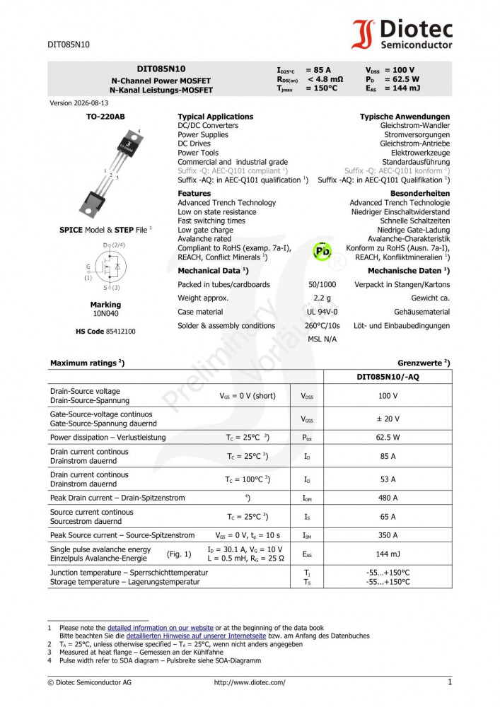 DIT085N10 datasheet page 1