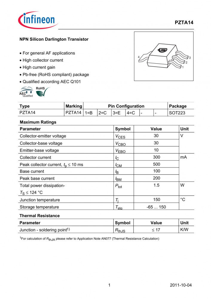 PZTA 14 H6327 datasheet page 1