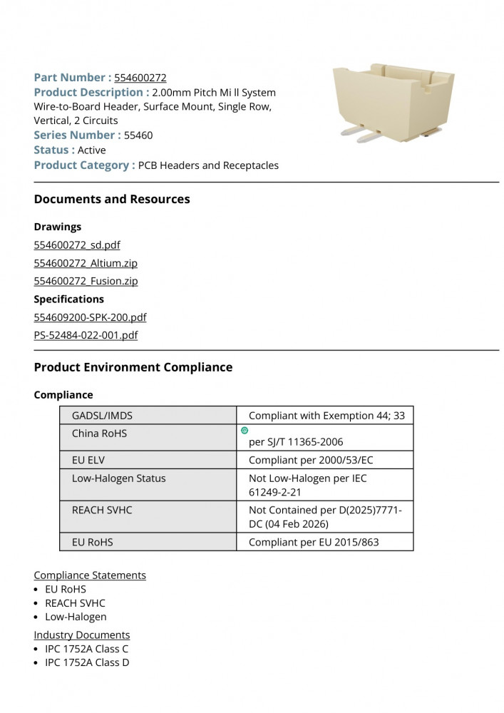 Technical document page 1 for MOLEX 554600272