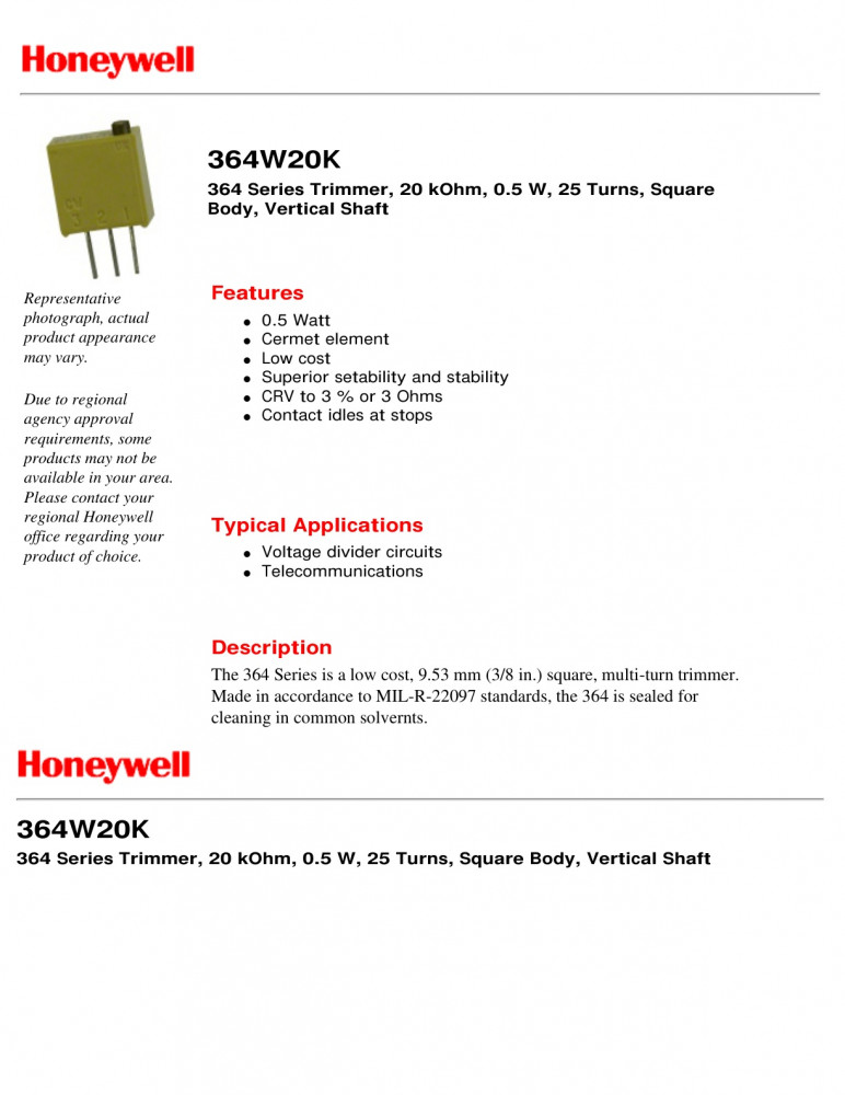 Honeywell 364W20K technical document page 1