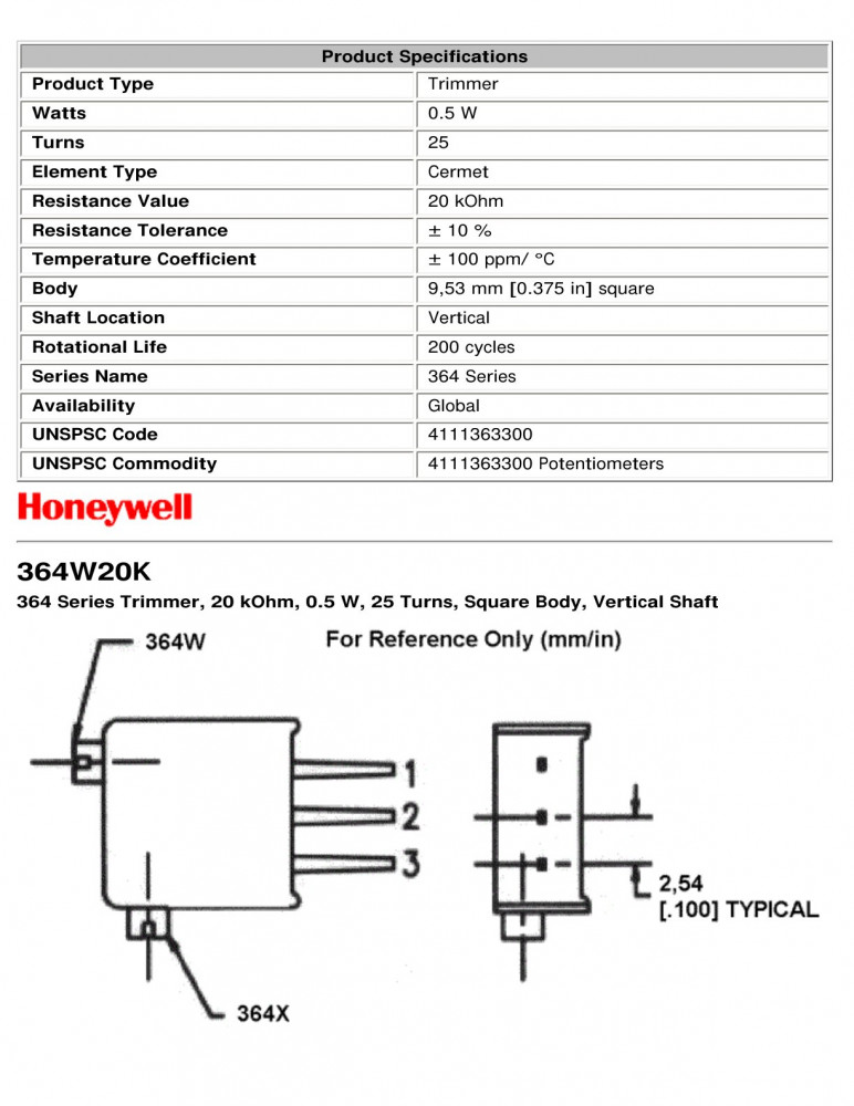Honeywell 364W20K technical document page 2