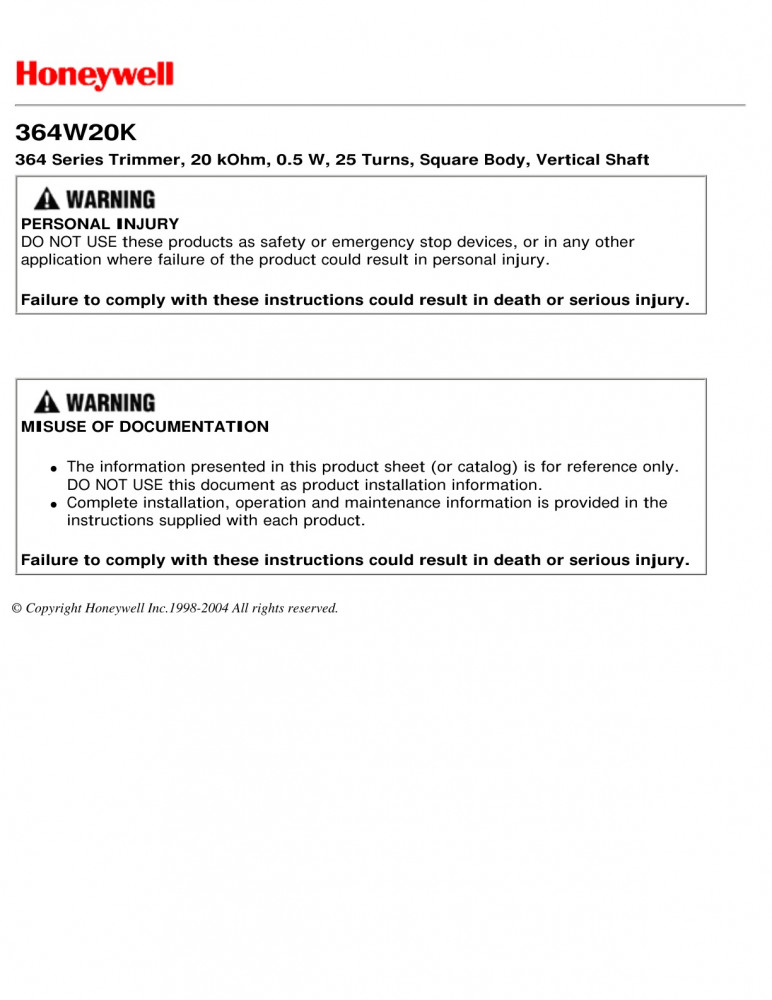 Honeywell 364W20K technical document page 3
