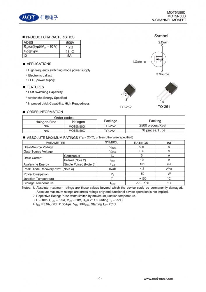 MOT5N50C datasheet page 1