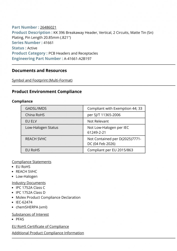MOLEX 26486021 technical document page 1