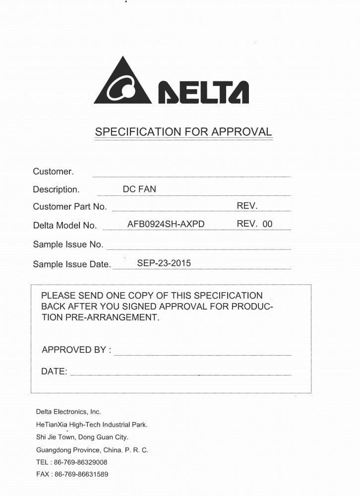 DELTA AFB0924SH-A specification page 1
