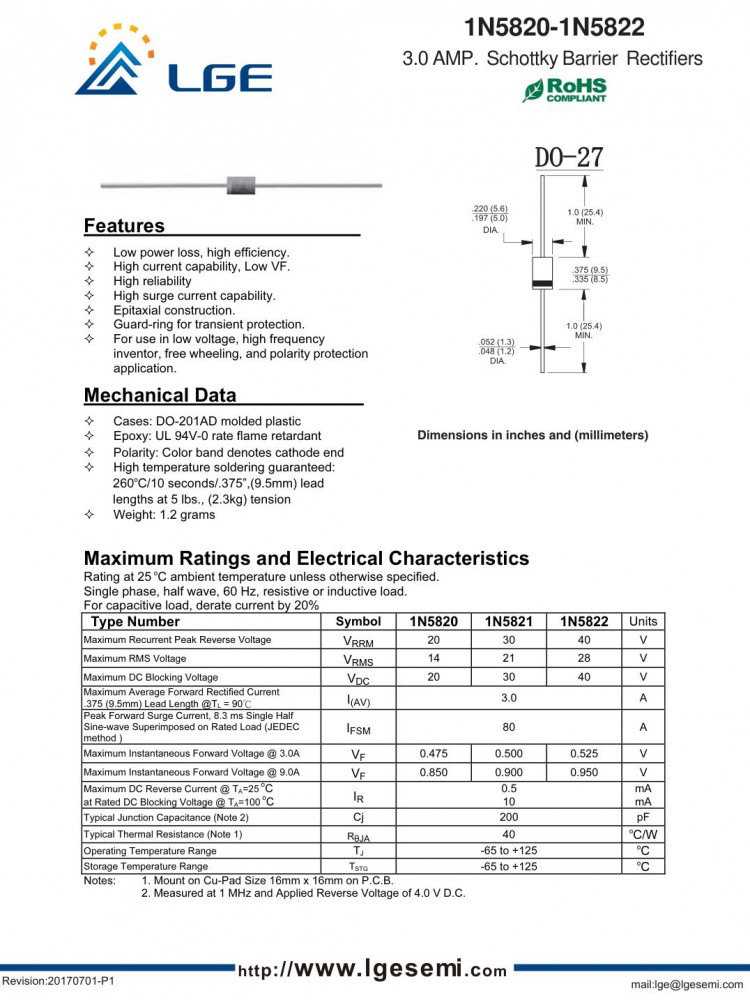 LGE 1N5822 datasheet page 1