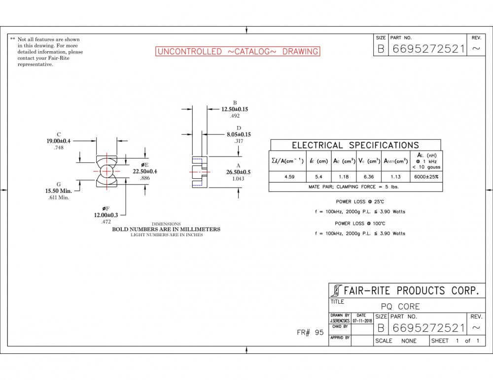 Fair-Rite 6695272521 technical document page