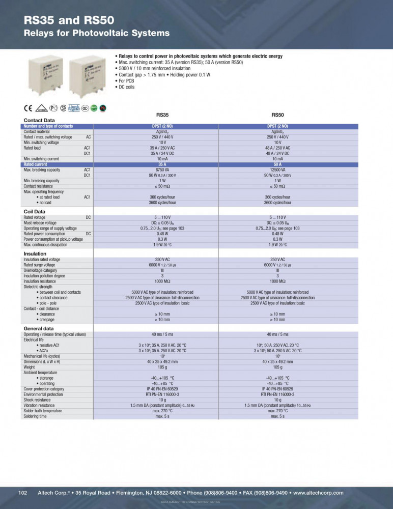 Altech RS35 relay datasheet page 1