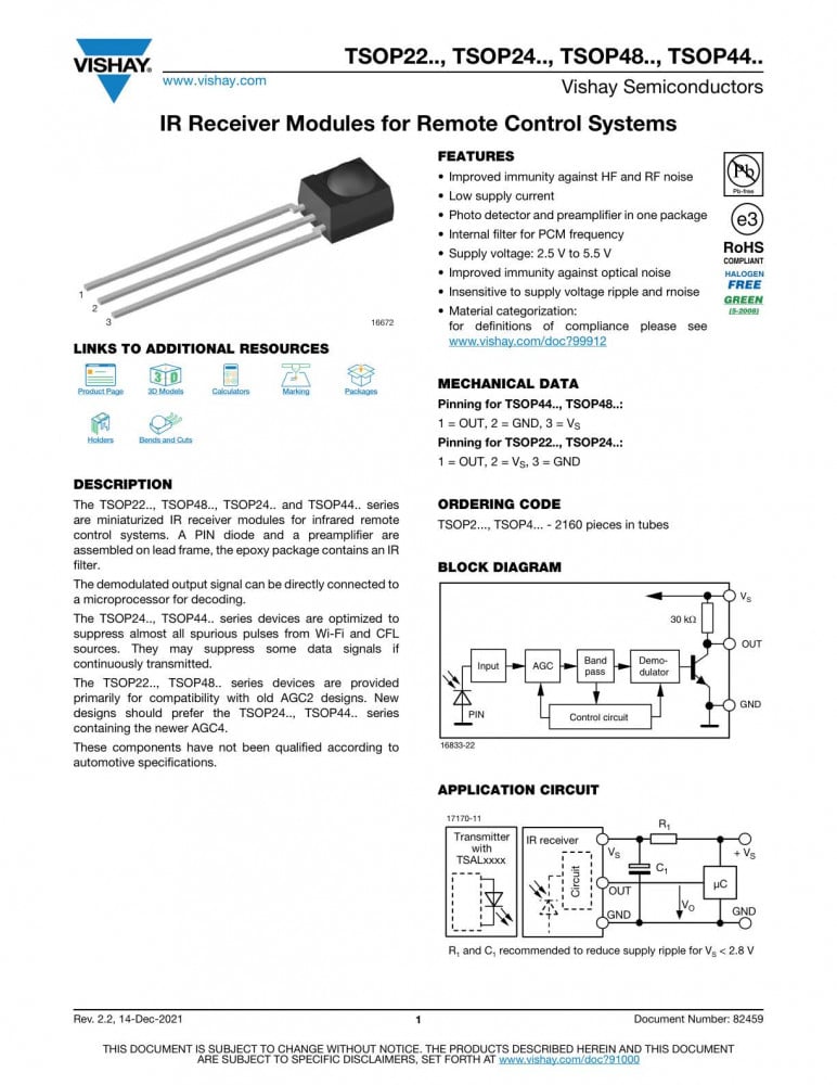 TSOP2238 datasheet page 1