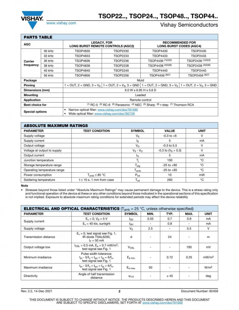 TSOP2238 datasheet page 2