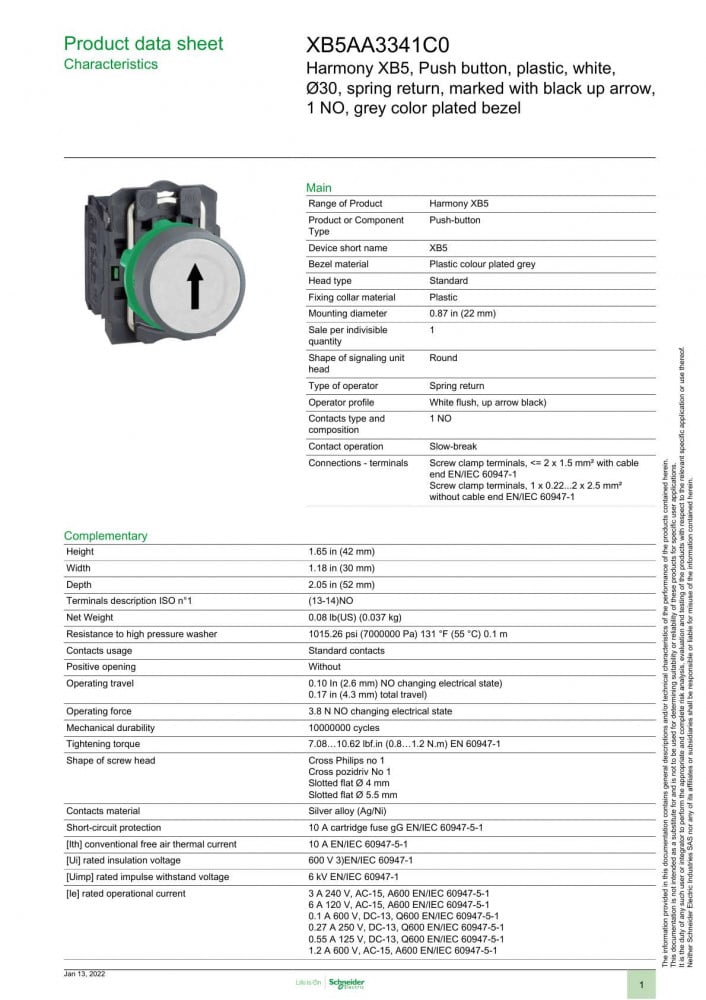 XB5AA3341C0 technical document page 1