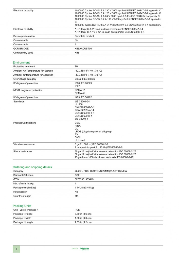 XB5AA3341C0 technical document page 2