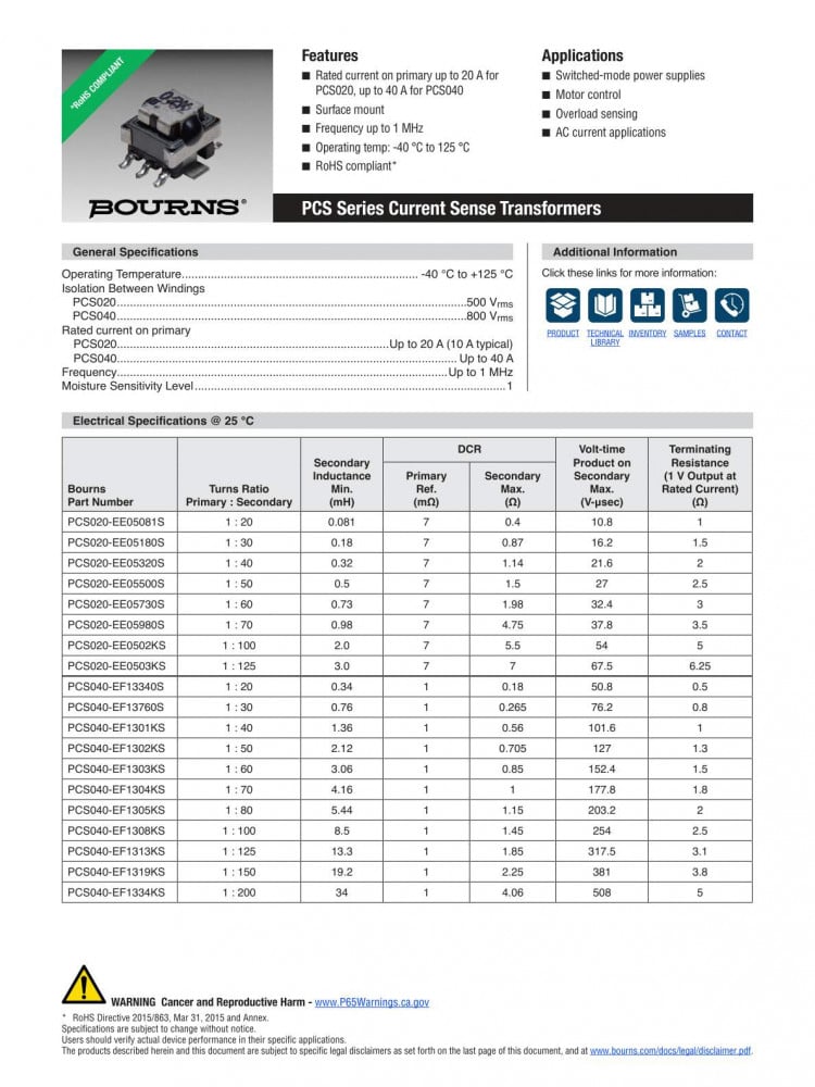 Bourns PCS Series datasheet page 1