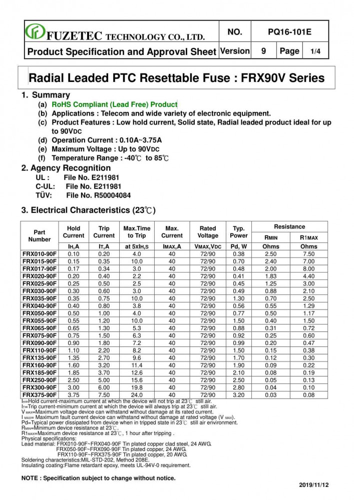 FRX90V Series specification sheet page 1