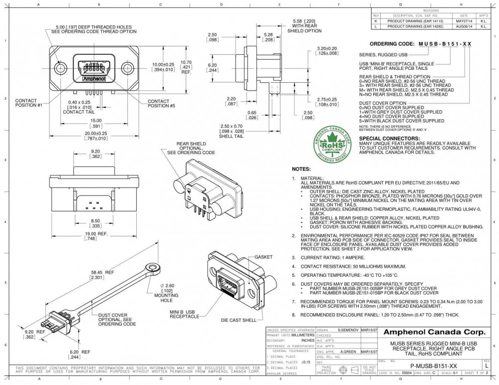 Amphenol MUSB-B151 product drawing page 1