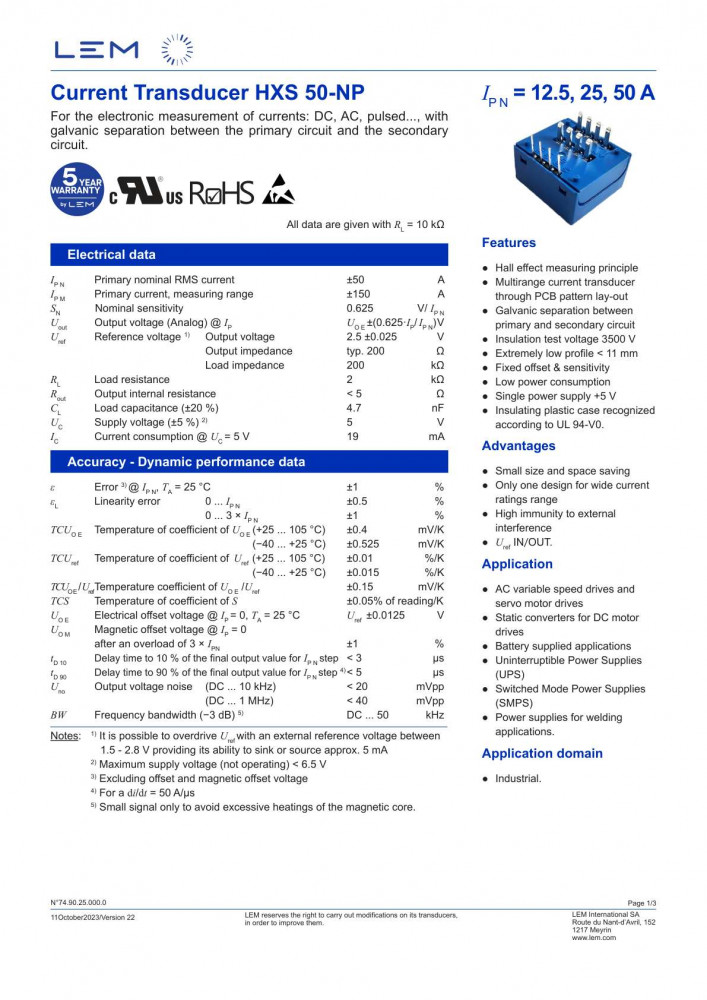 LEM HXS50-NP datasheet page 1