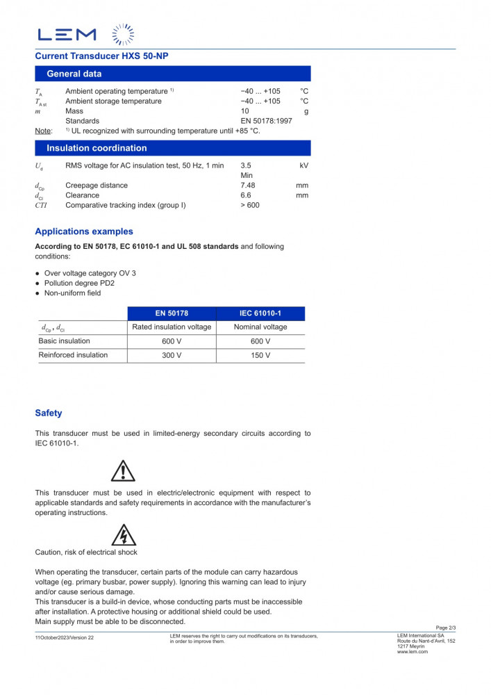 LEM HXS50-NP datasheet page 2