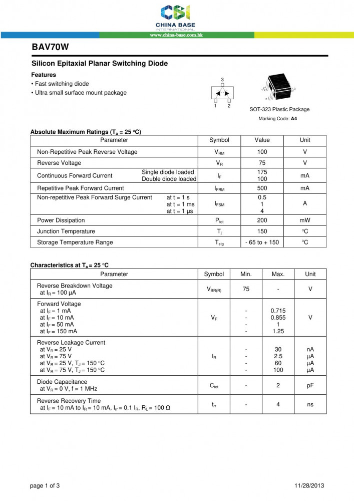 BAV70W datasheet page 1