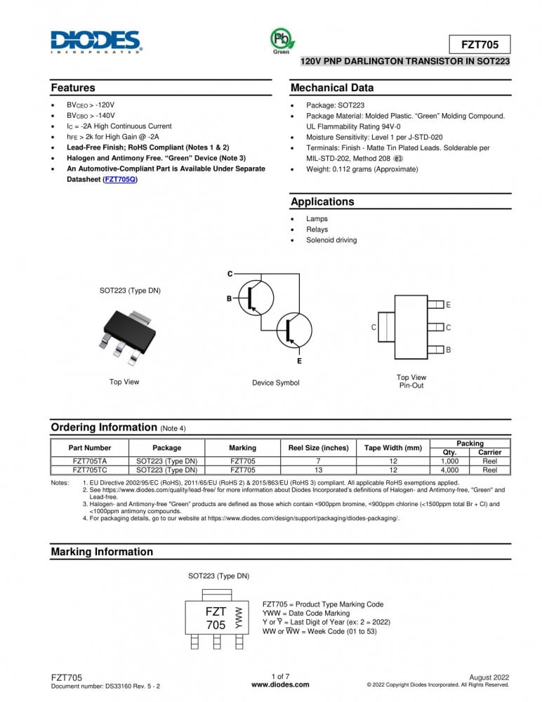 FZT705TA datasheet page 1