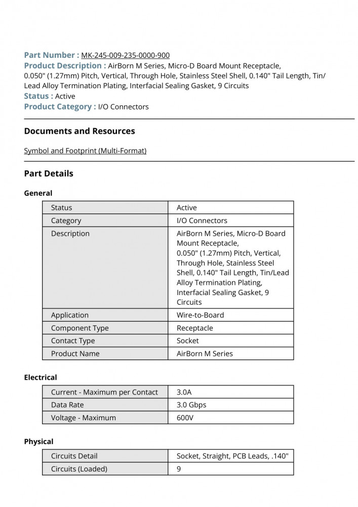 Technical document page 1 for MK-245-009-235-0000-900