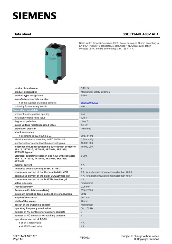 SIEMENS 3SE51140LA001AE1 datasheet page 1