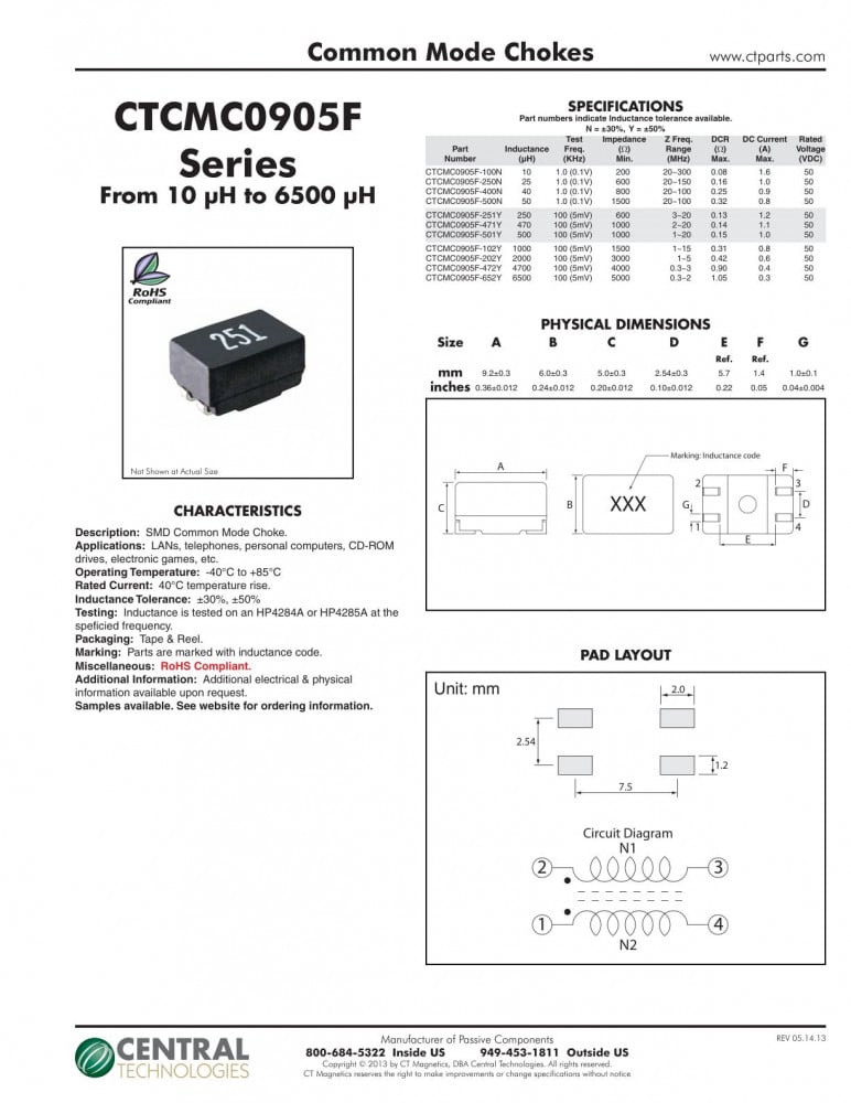 Central CTCMC0905F series technical drawing and specifications